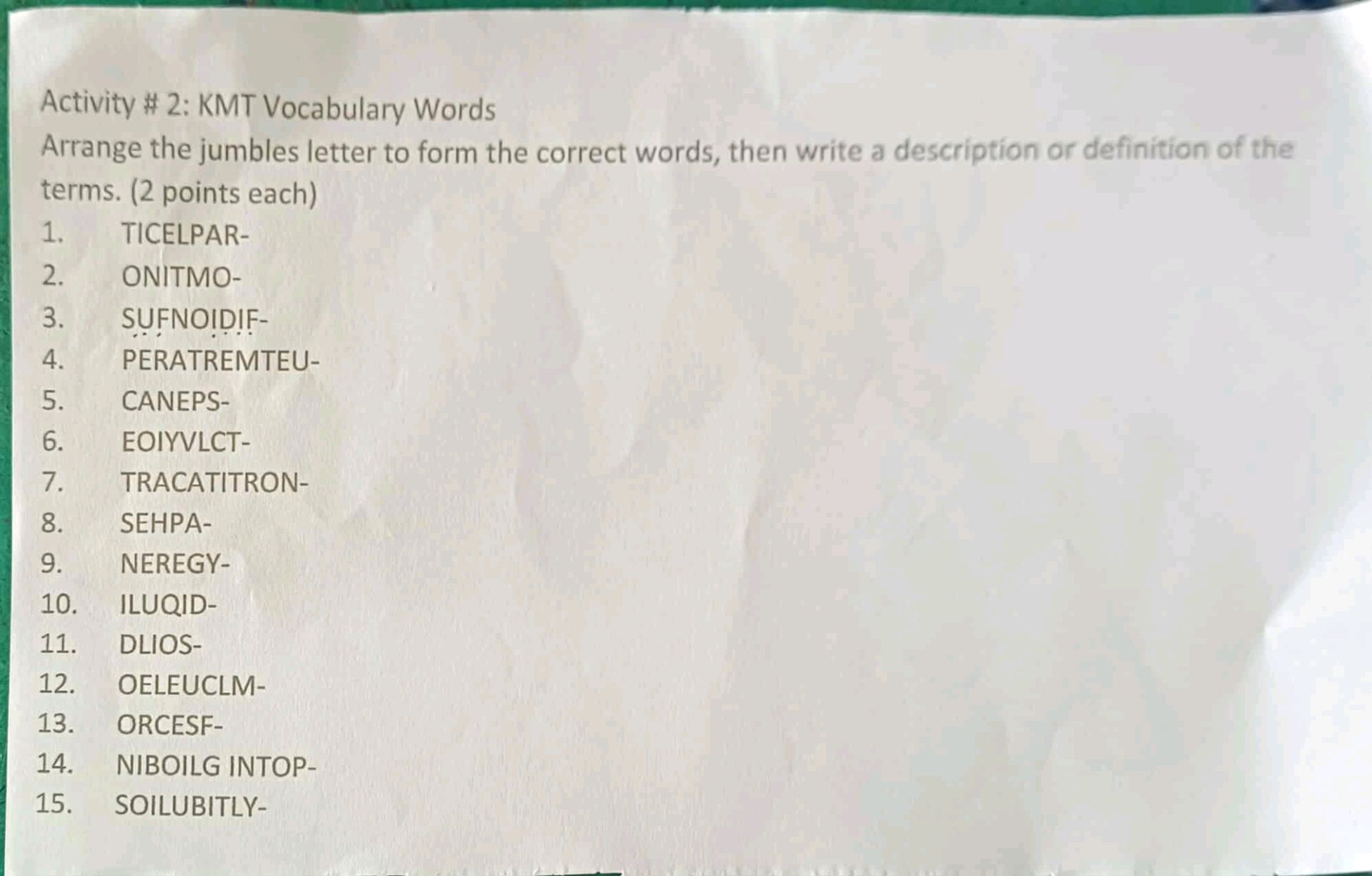 Activity # 2: KMT Vocabulary Words Arrange | StudyX
