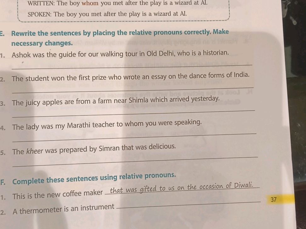 E. Rewrite the sentences by placing the