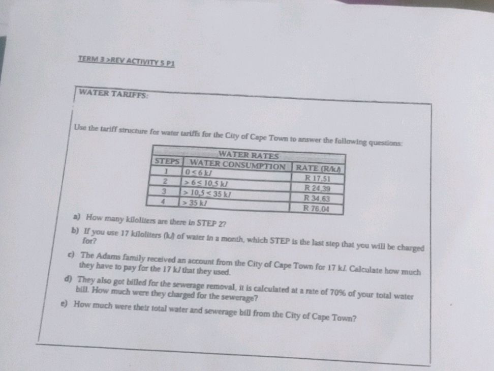 WATER TARIFFS: Use the tariff structure for | StudyX