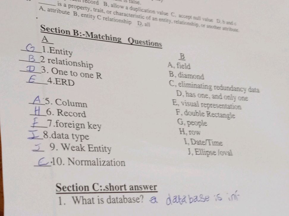 Section B:-Matching Questions 1. Entity 2. | StudyX