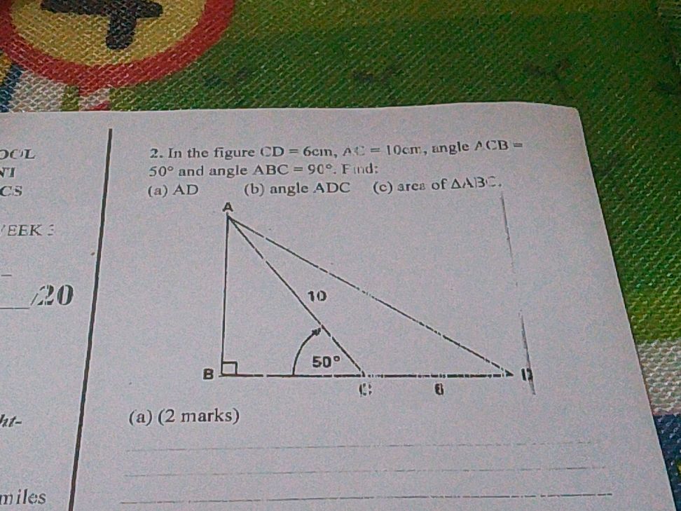 In the figure CD = 6cm, AC = 10cm, angle ACB