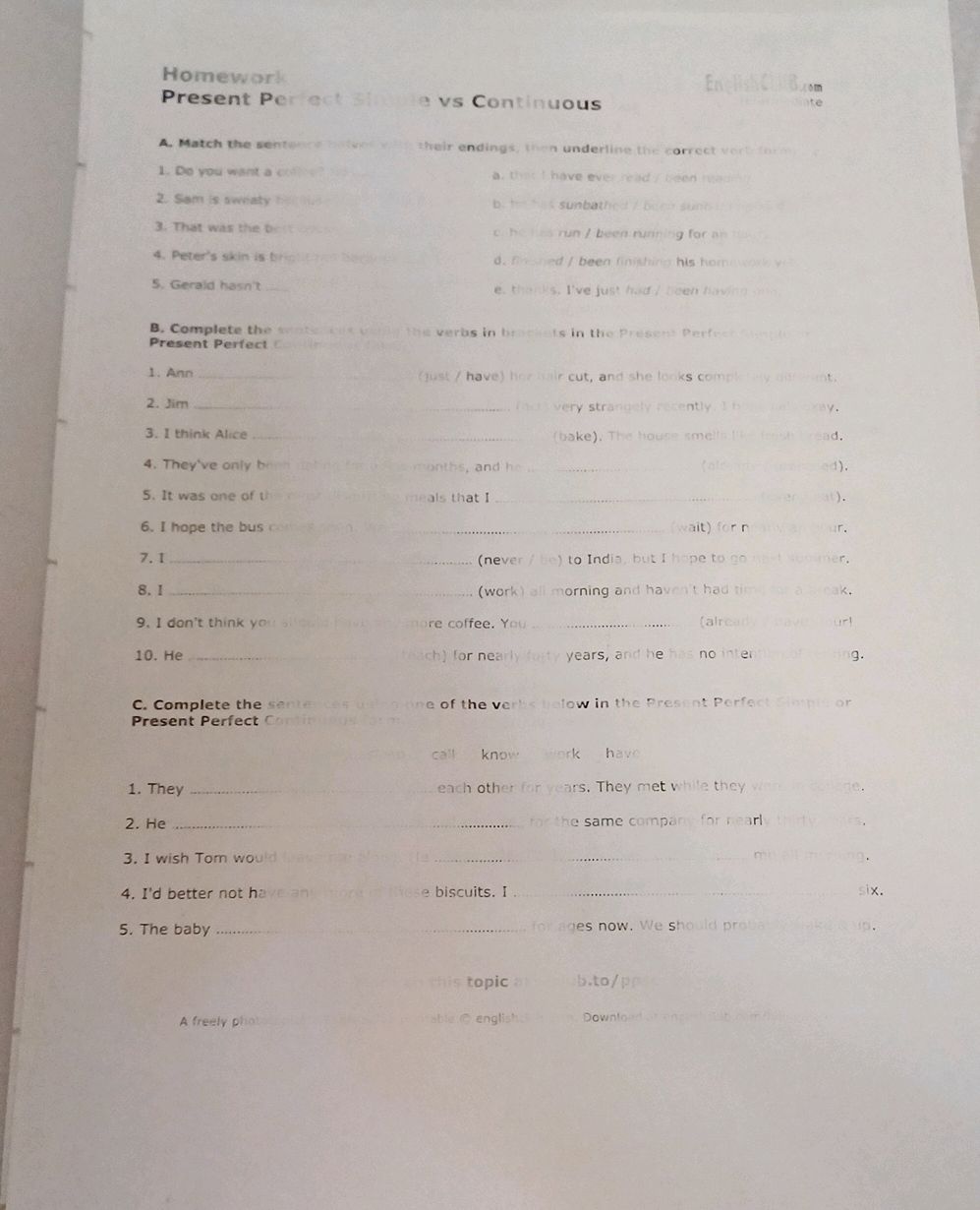 Homework Present Perfect Simple vs | StudyX