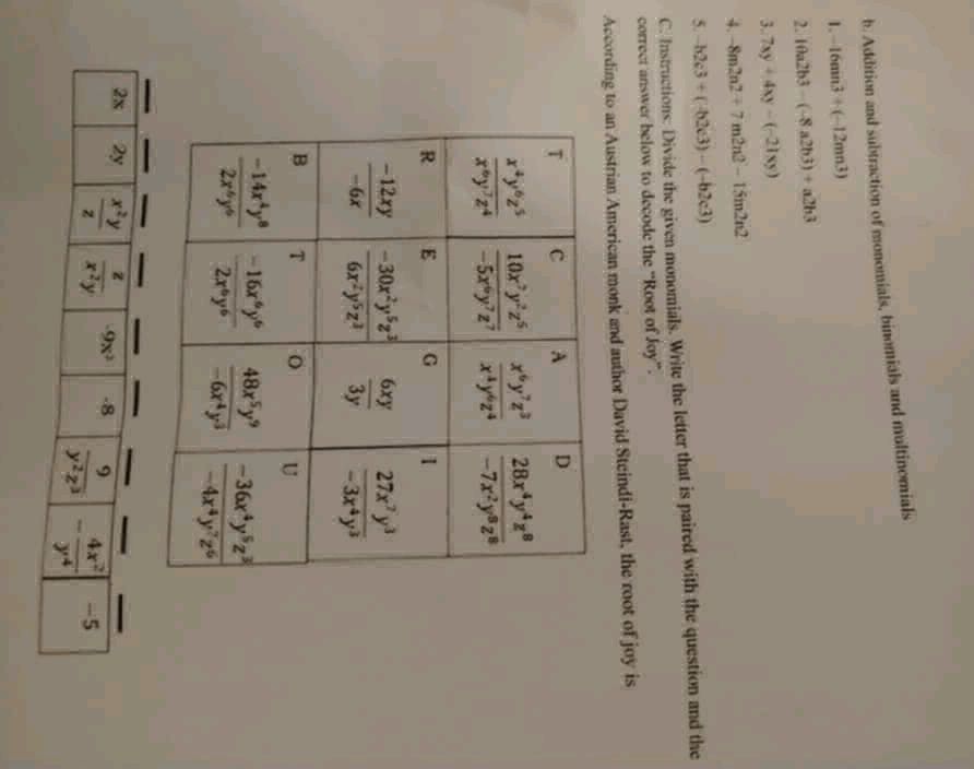 b. Addition and subtraction of monomials, | StudyX