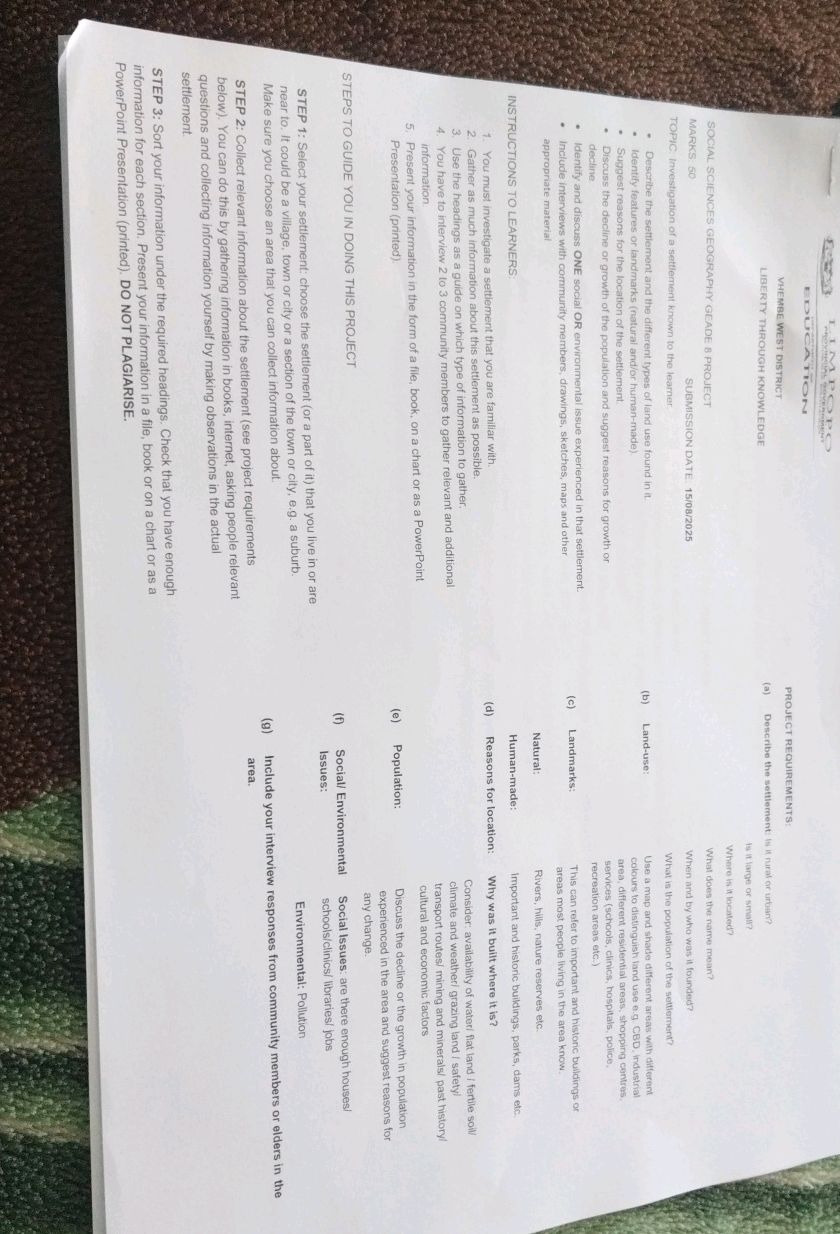 SOCIAL SCIENCES GEOGRAPHY GRADE 8 PROJECT | StudyX