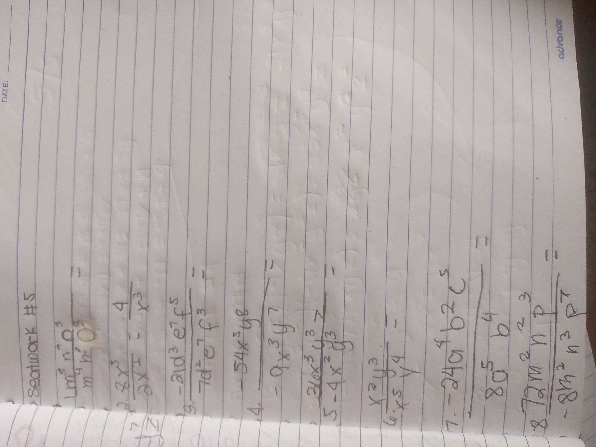 1. $ {l m^5 n^3 o^3}{m^4 n^3 o} =$ 2. $ | StudyX