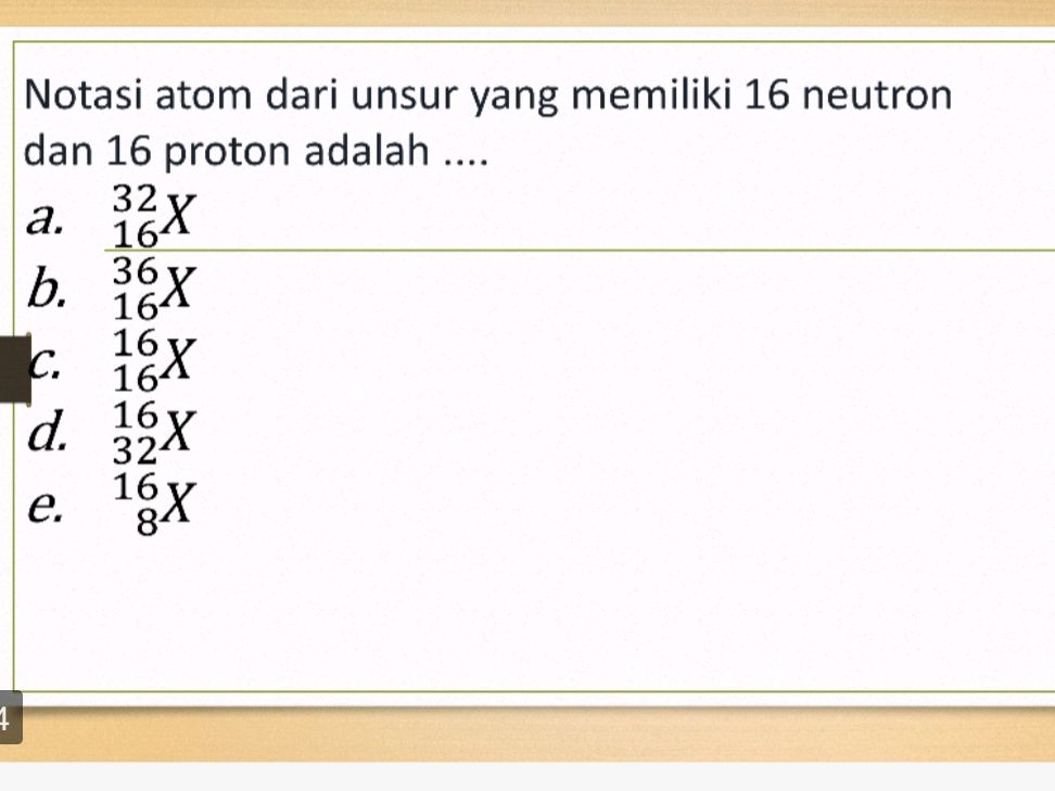 Notasi atom dari unsur yang memiliki 16