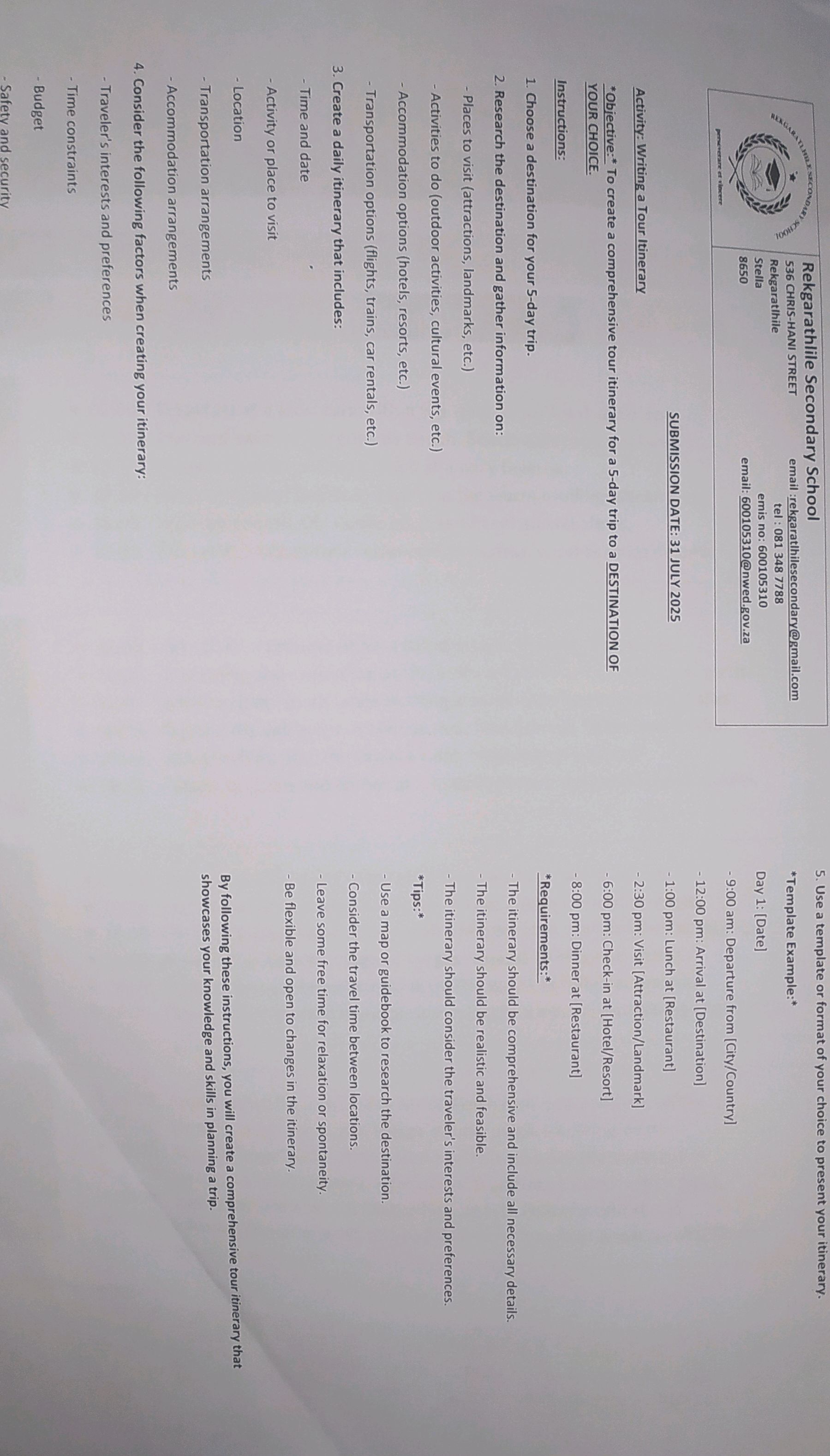 Activity: Writing a Tour Itinerary | StudyX