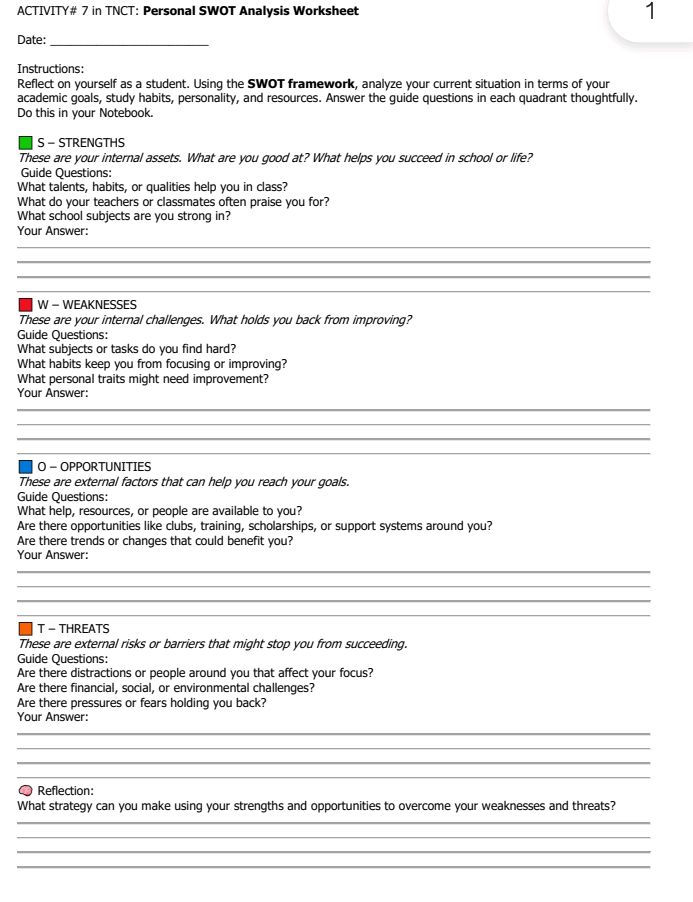 ACTIVITY# 7 in TNCT: Personal SWOT Analysis | StudyX