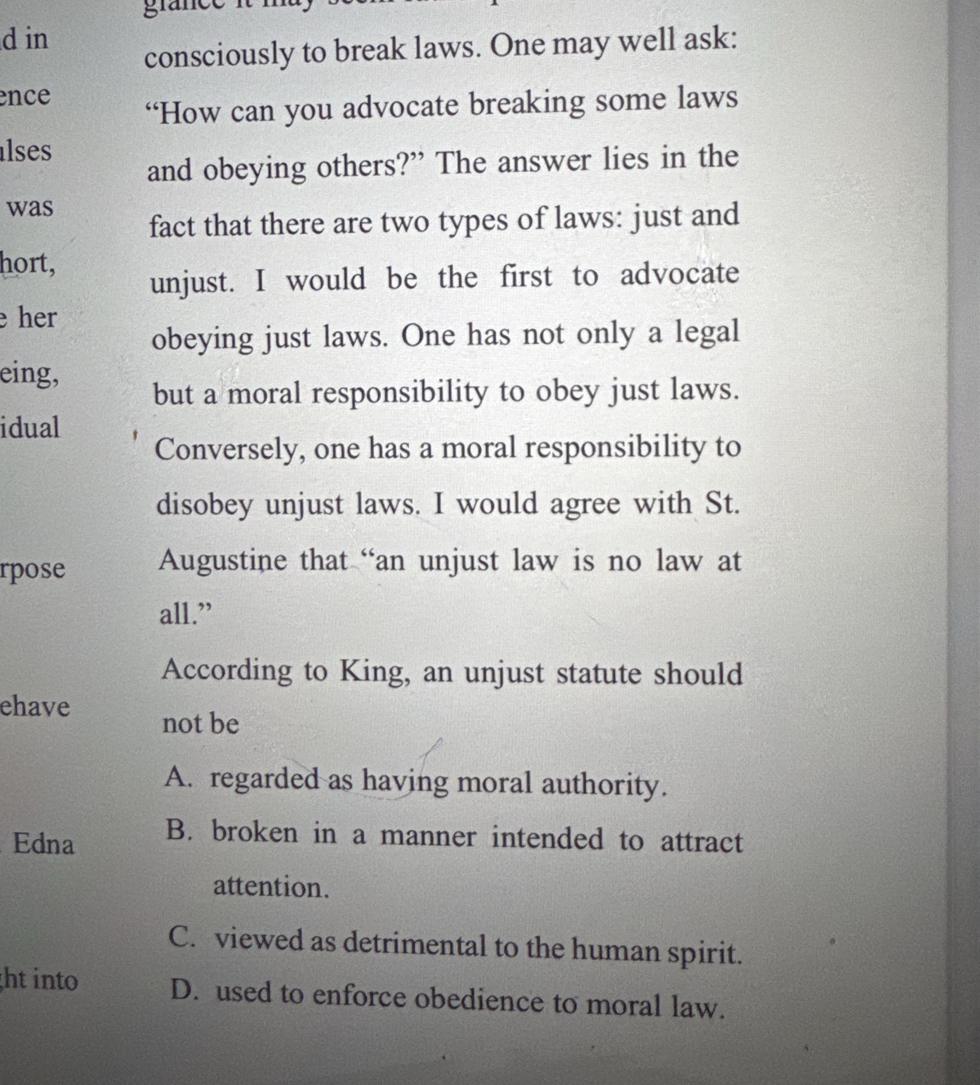 According to King, an unjust statute should | StudyX