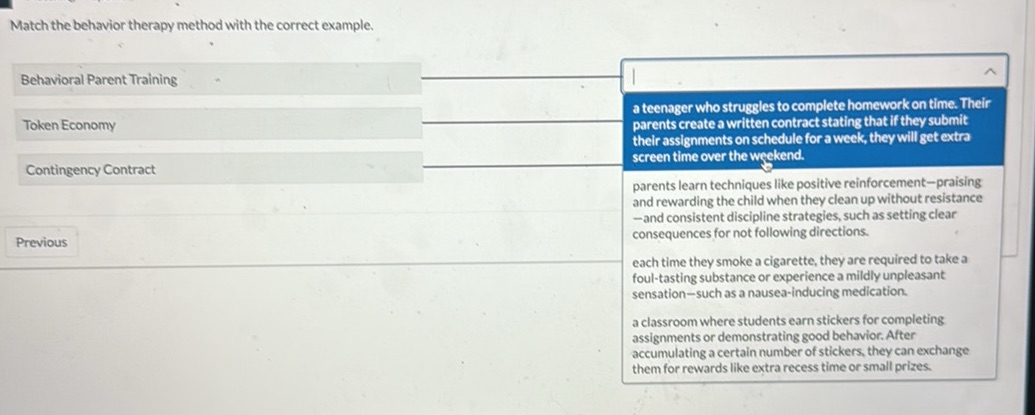 Match the behavior therapy method with the