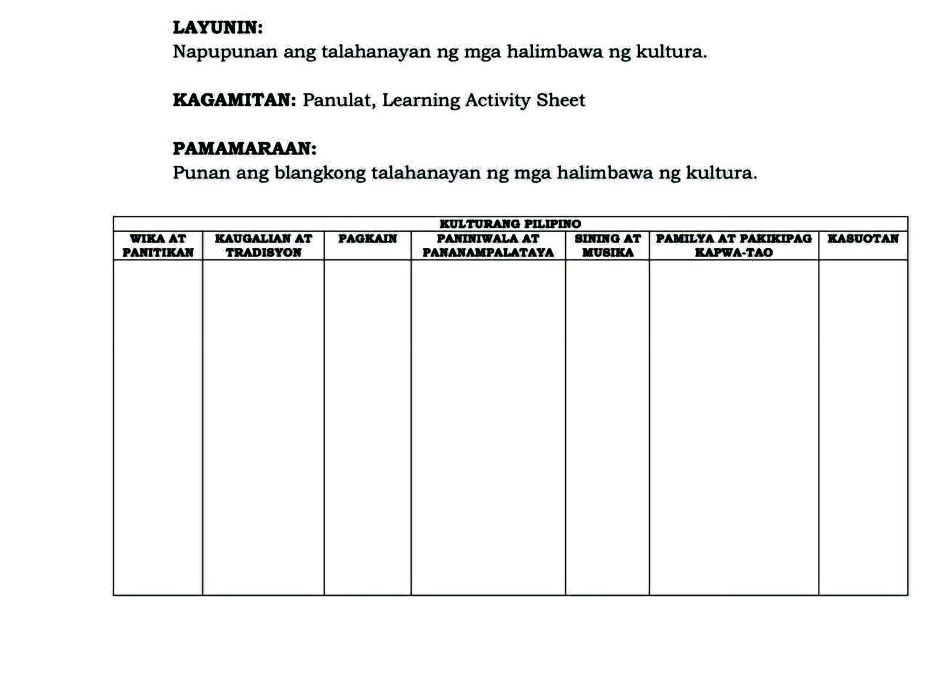 LAYUNIN: Napupunan ang talahanayan ng mga | StudyX