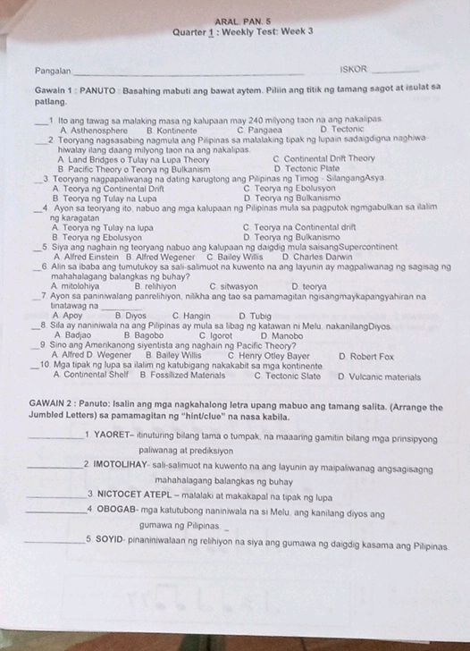 Gawain 1: PANUTO: Basahing mabuti ang bawat | StudyX