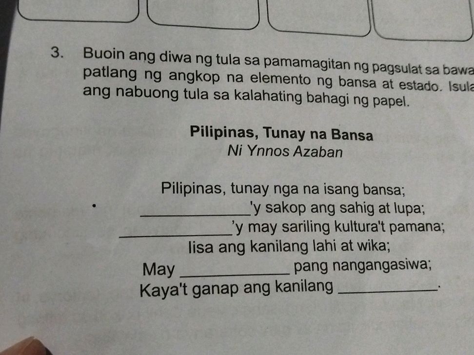 3. Buoin ang diwa ng tula sa pamamagitan ng | StudyX