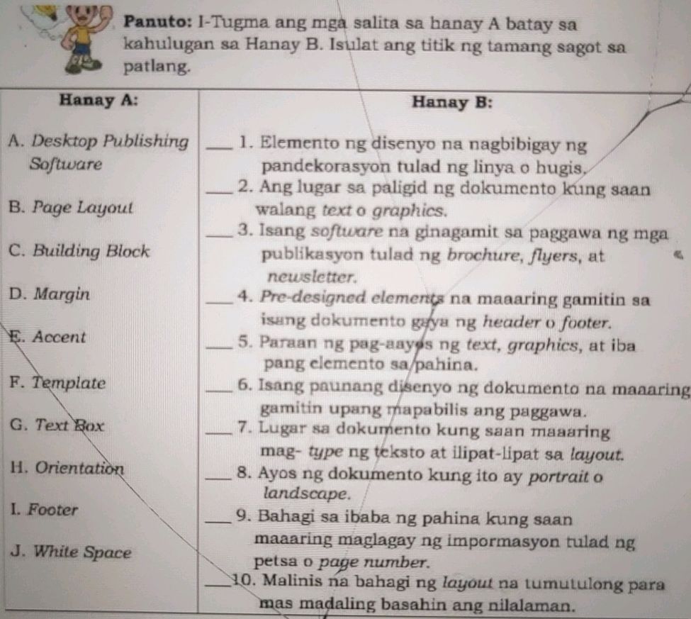 Panuto: I-Tugma ang mga salita sa hanay A | StudyX