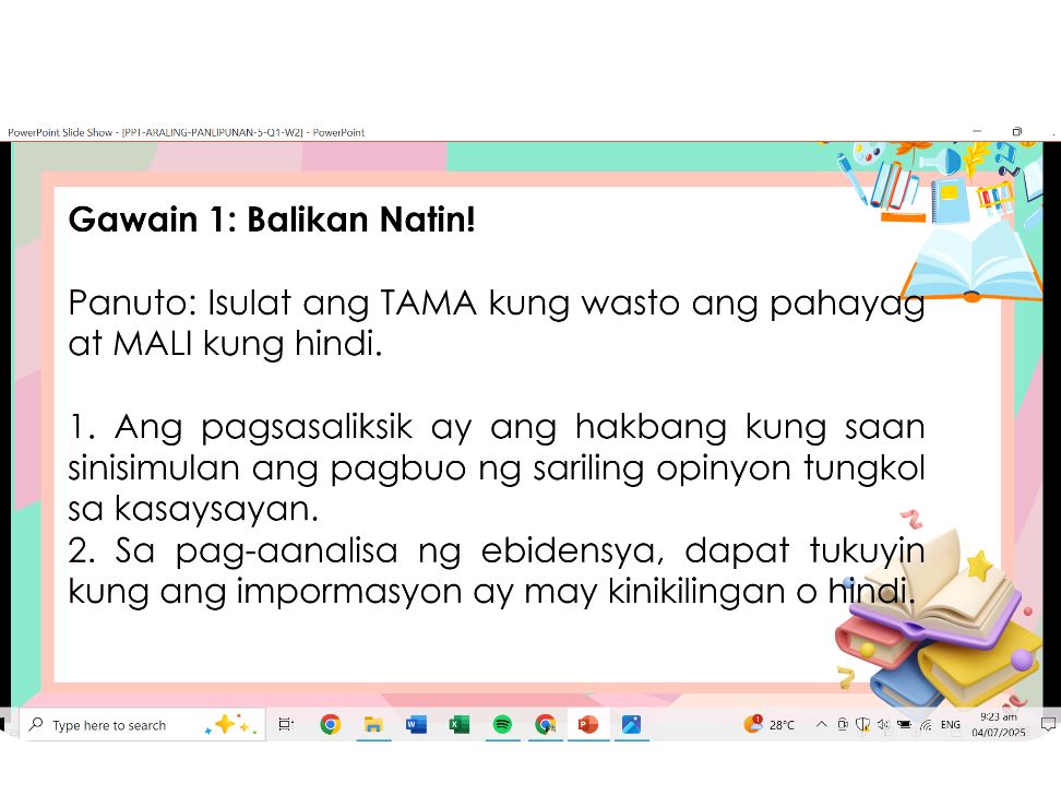 Gawain 1: Balikan Natin! Panuto: Isulat ang | StudyX