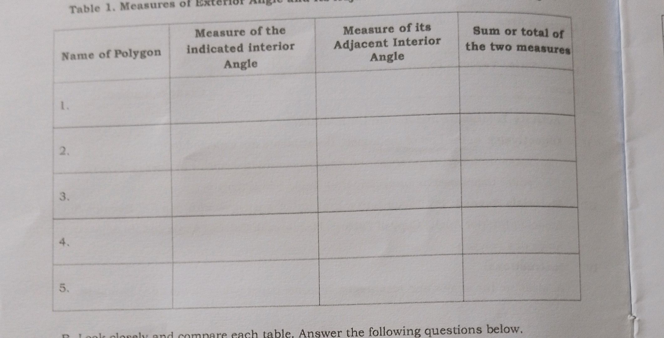 Table 1. Measures of Exterior Angle and its | StudyX