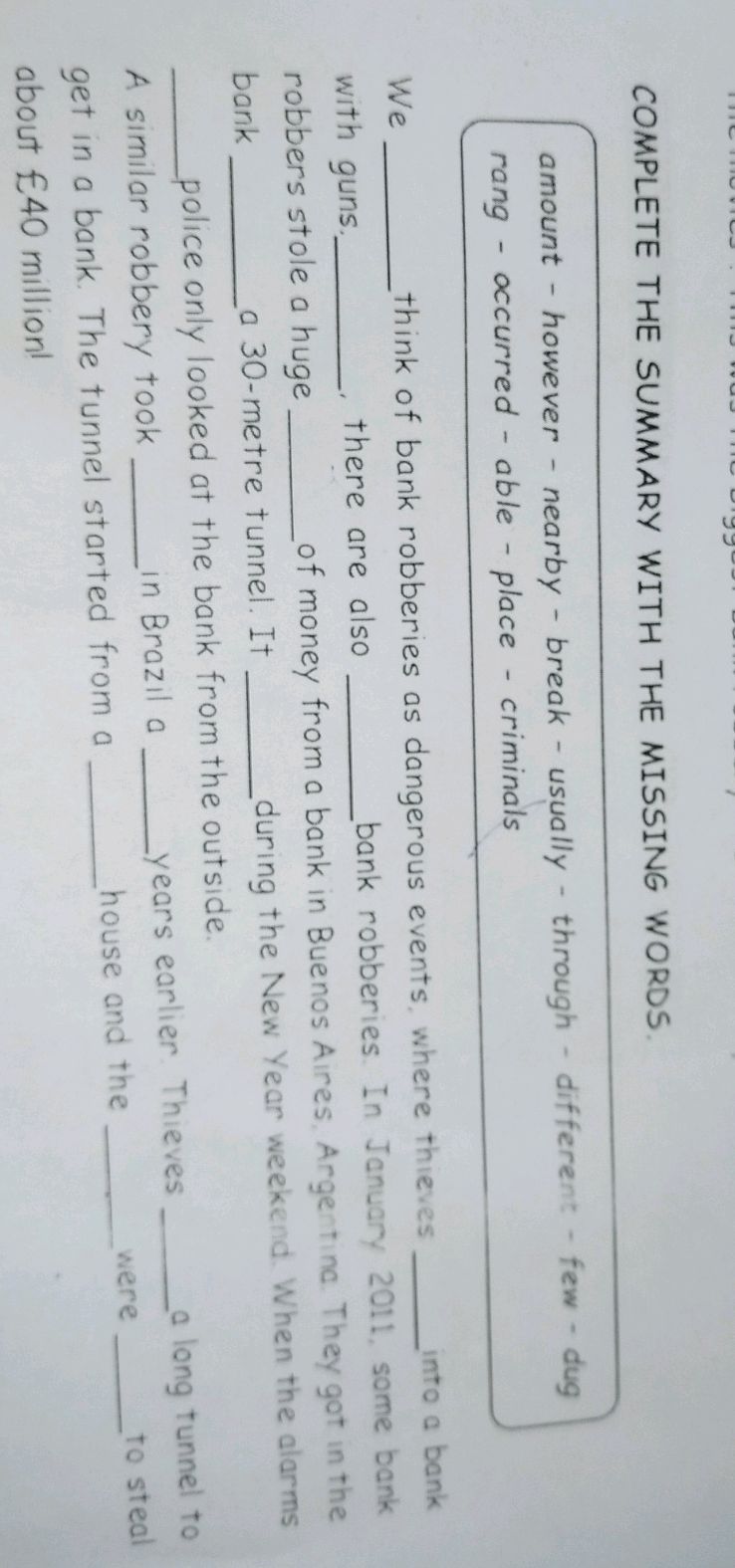 COMPLETE THE SUMMARY WITH THE MISSING WORDS. | StudyX