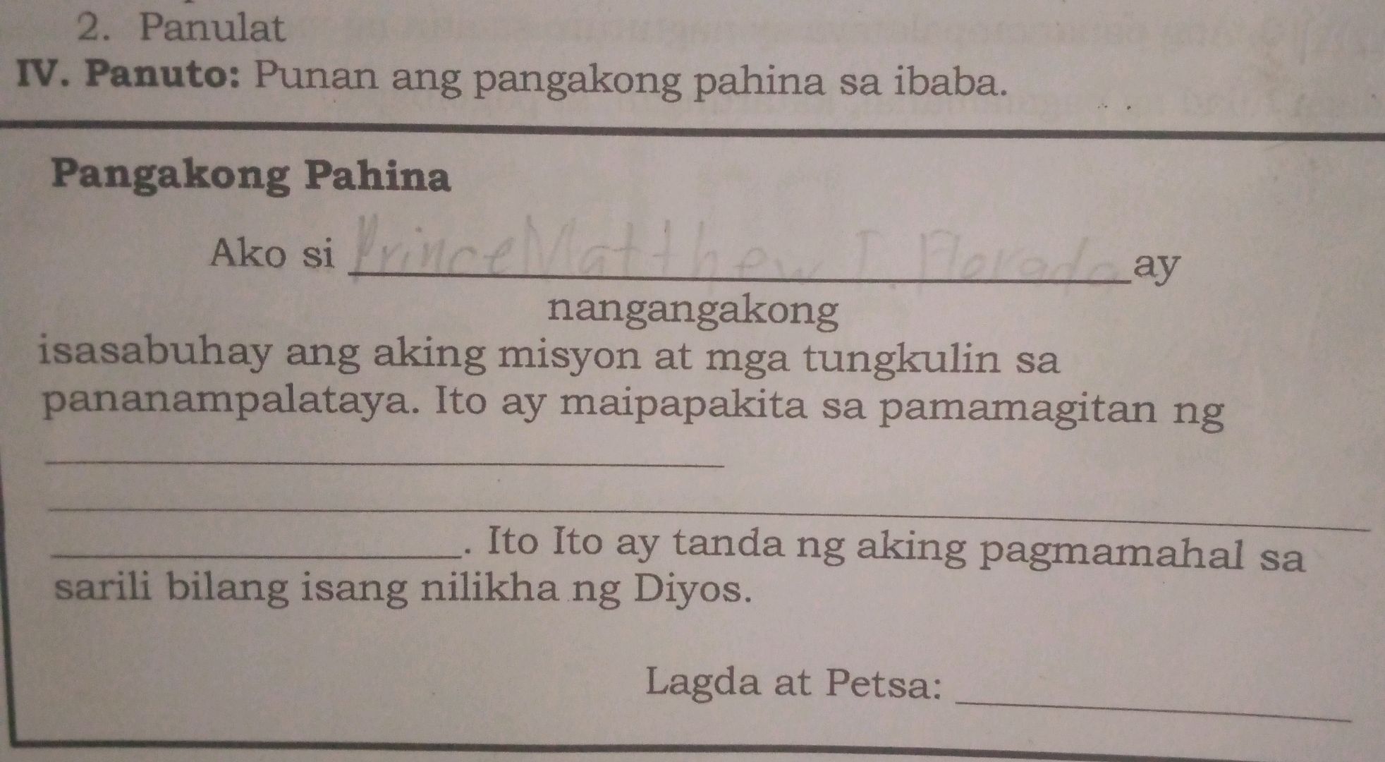 Panulat IV. Panuto: Punan ang pangakong