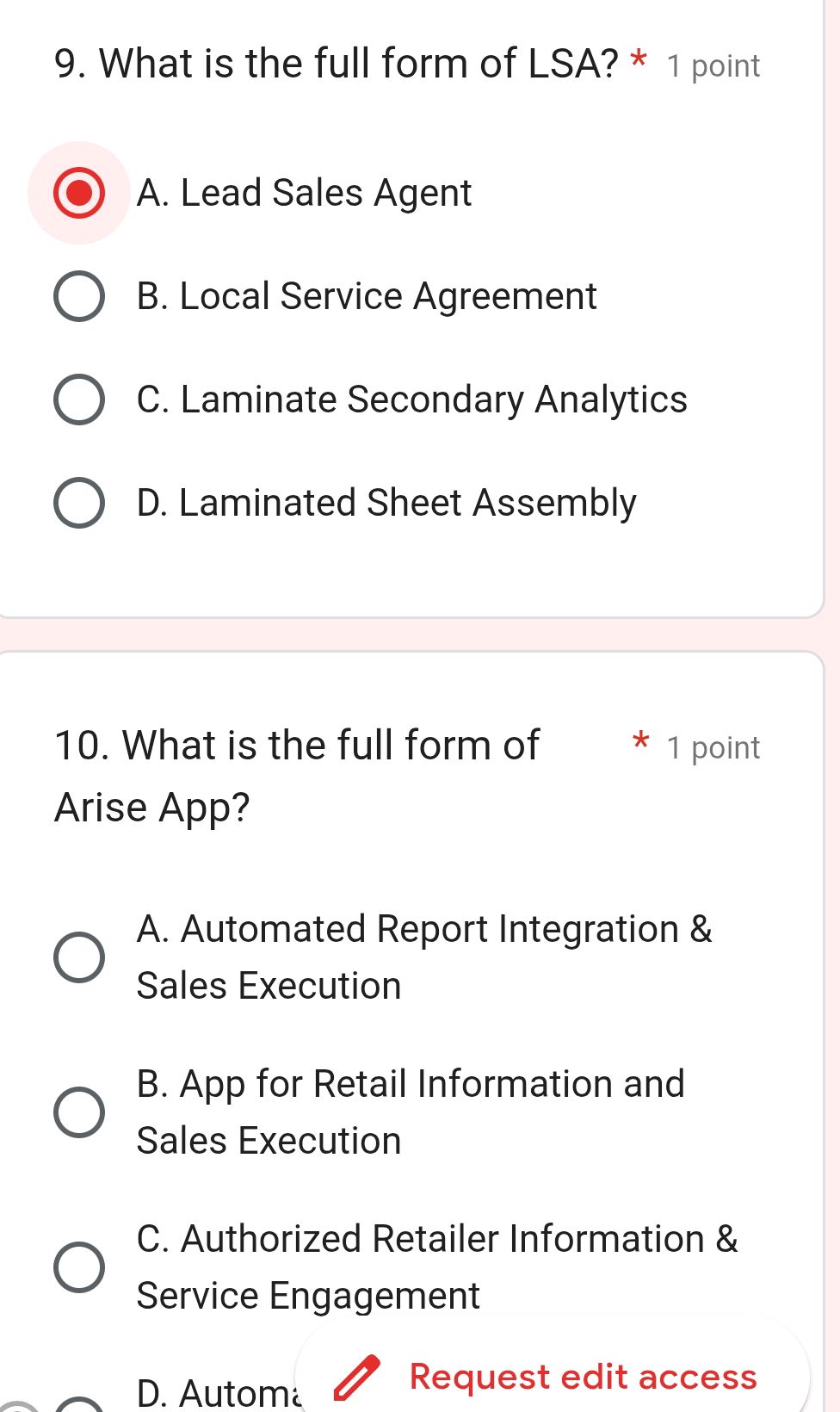 What is the full form of LSA? A. Lead Sales
