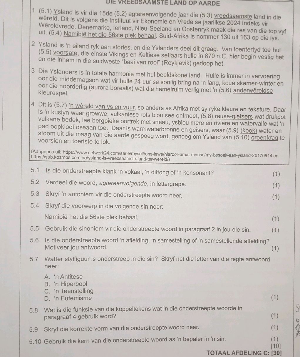 5.1 Is die onderstreepte klank 'n vokaal, 'n | StudyX