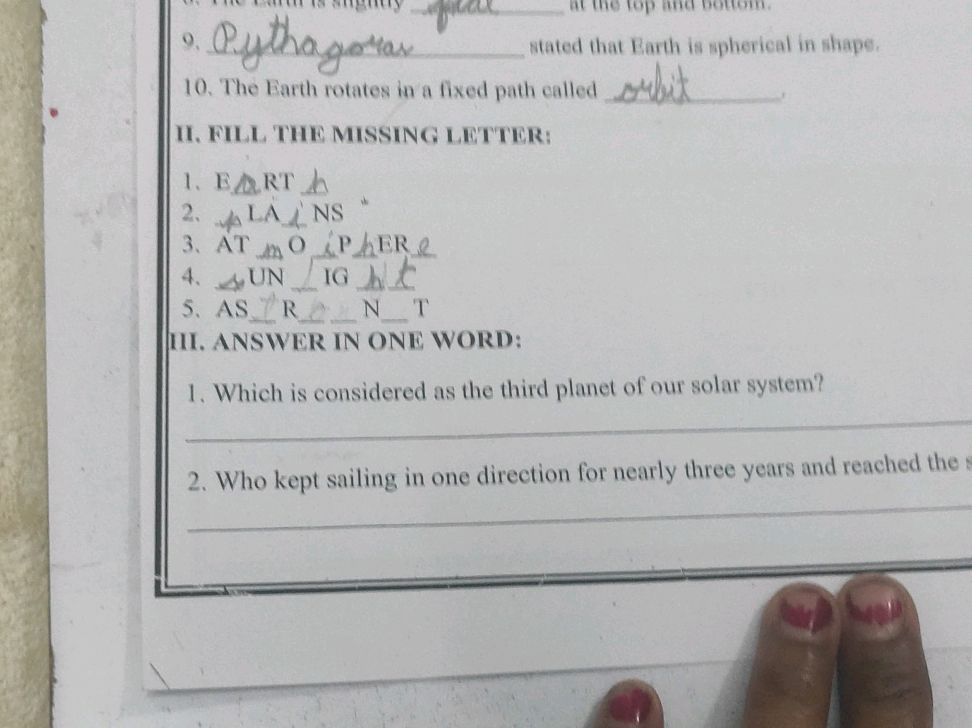II. FILL THE MISSING LETTER: 1. EART _ 2. LA | StudyX