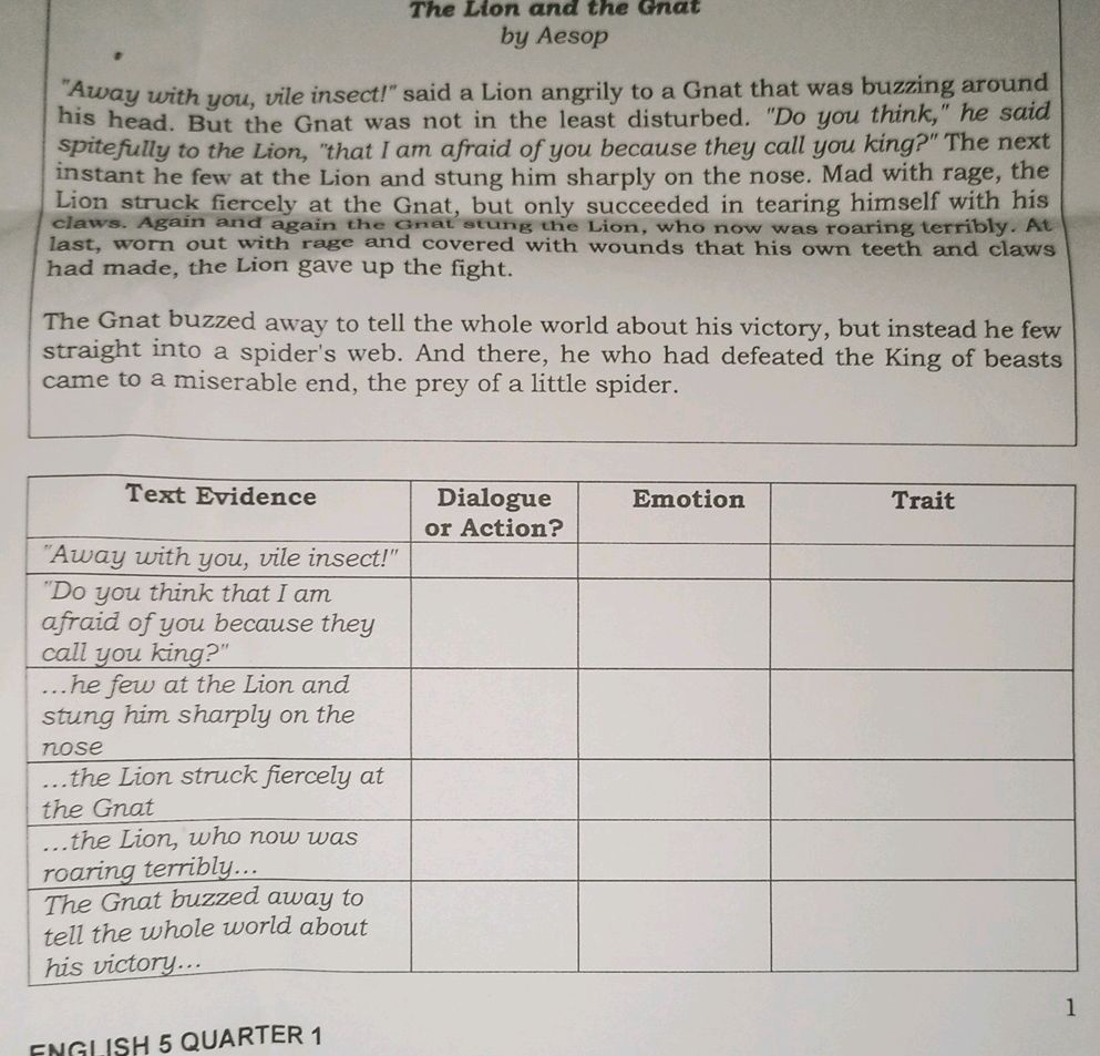 The Lion and the Gnat by Aesop "Away with | StudyX