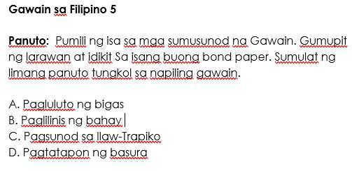 Gawain sa Filipino 5 Panuto: Pumili ng isa | StudyX