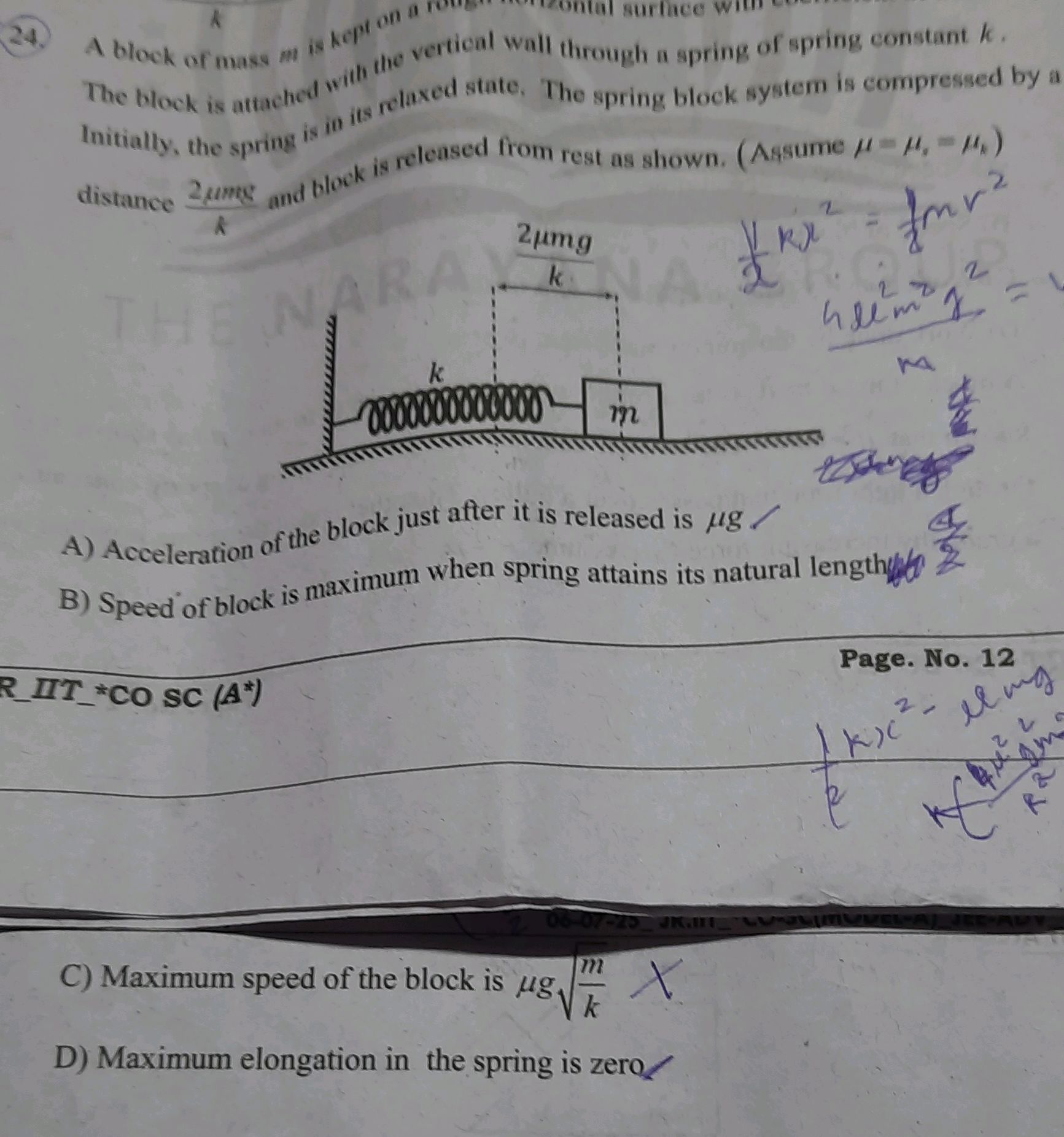 A block of mass $m$ is kept on a rough | StudyX