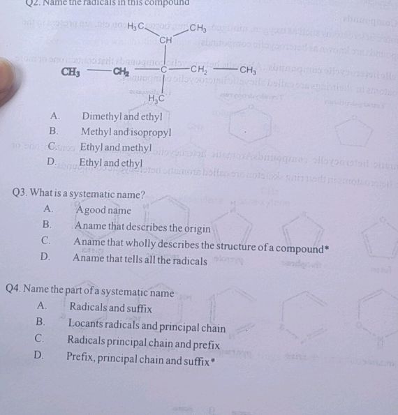 Q2. Name the radicals in this compound A.