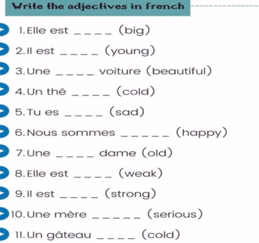 Write the adjectives in french 1. Elle est | StudyX
