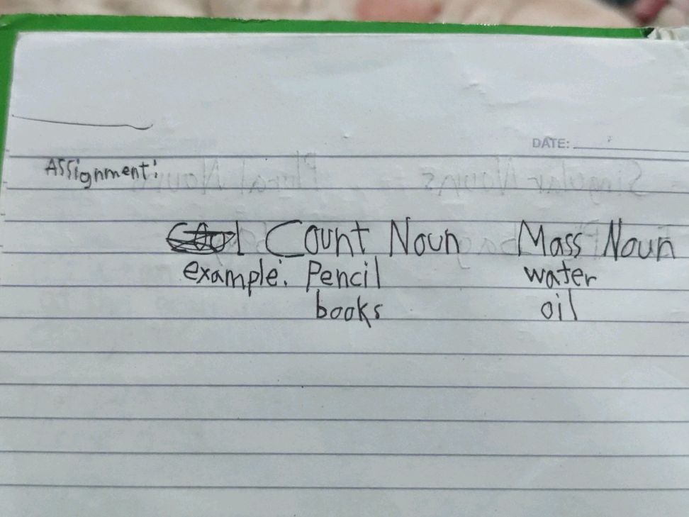 Count Noun Mass Noun example. Pencil water | StudyX