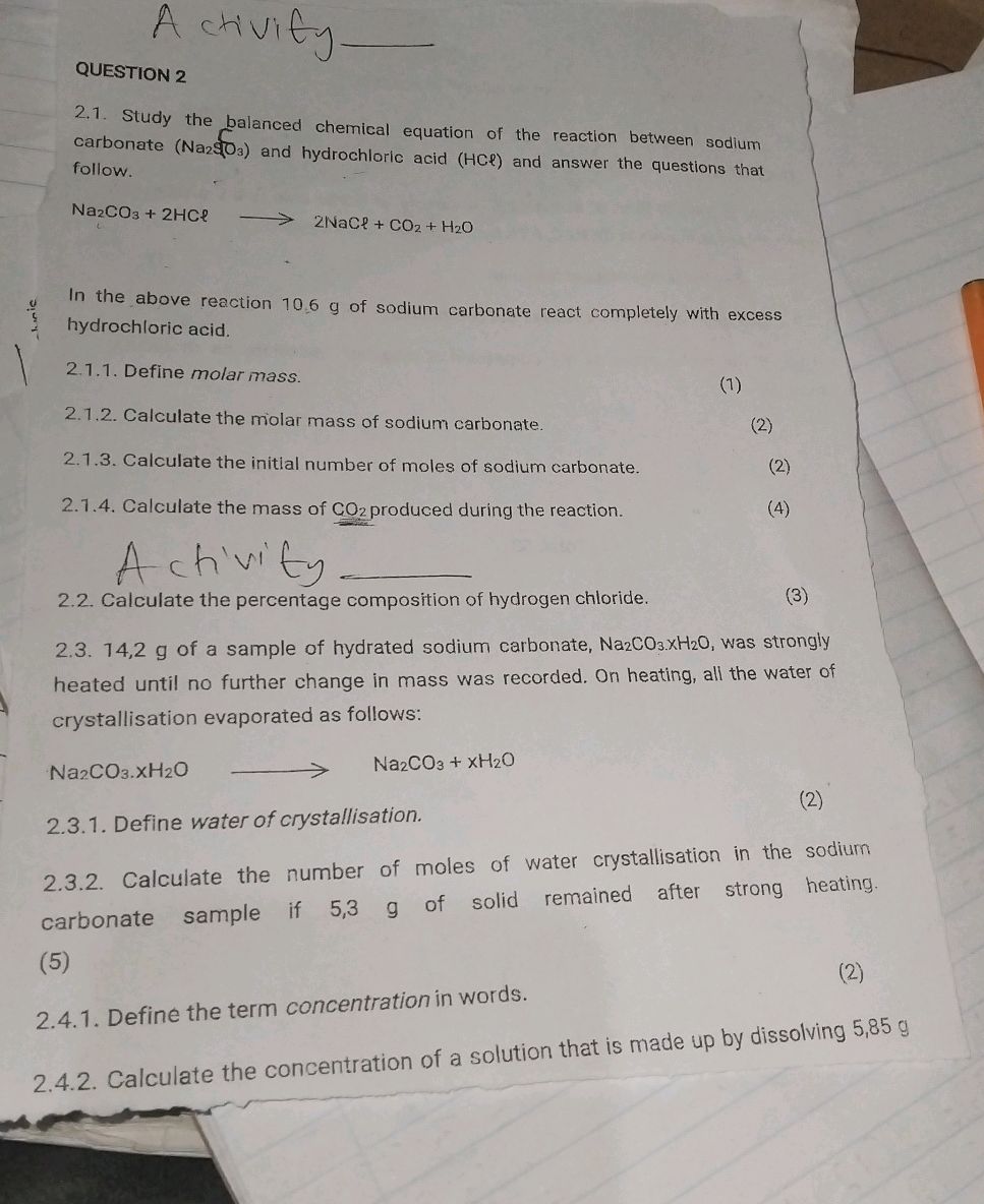 QUESTION 2 2.1. Study the balanced chemical | StudyX