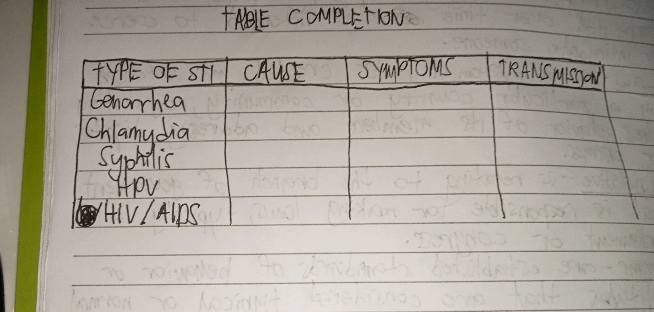 TABLE COMPLETION | TYPE OF STI | CAUSE | | StudyX