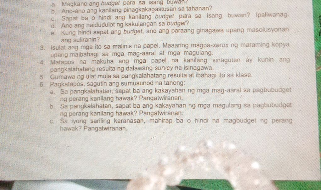 a. Magkano ang budget para sa isang buwan? | StudyX