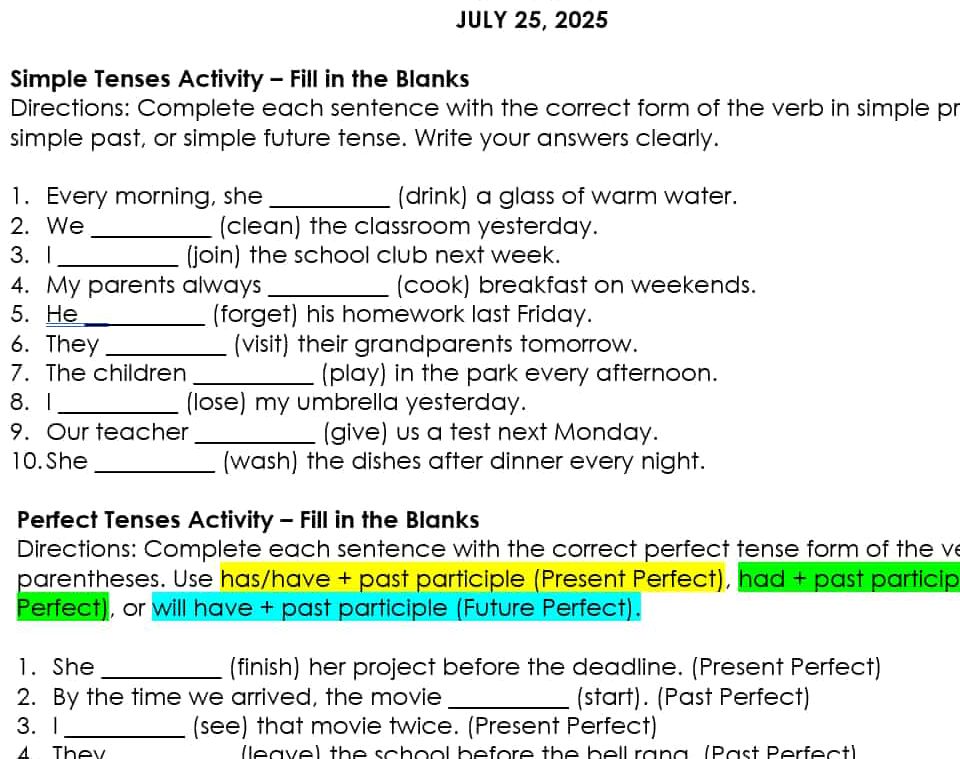 Simple Tenses Activity - Fill in the Blanks | StudyX