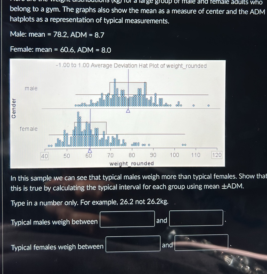 Male: mean = 78.2, ADM = 8.7 Female: mean
