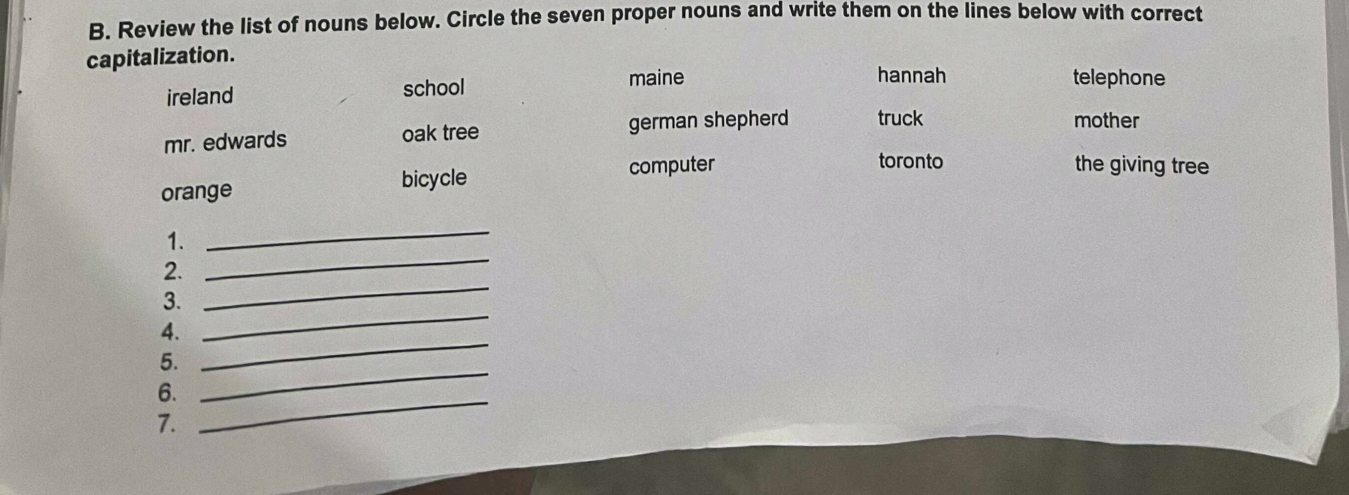 B. Review the list of nouns below. Circle | StudyX