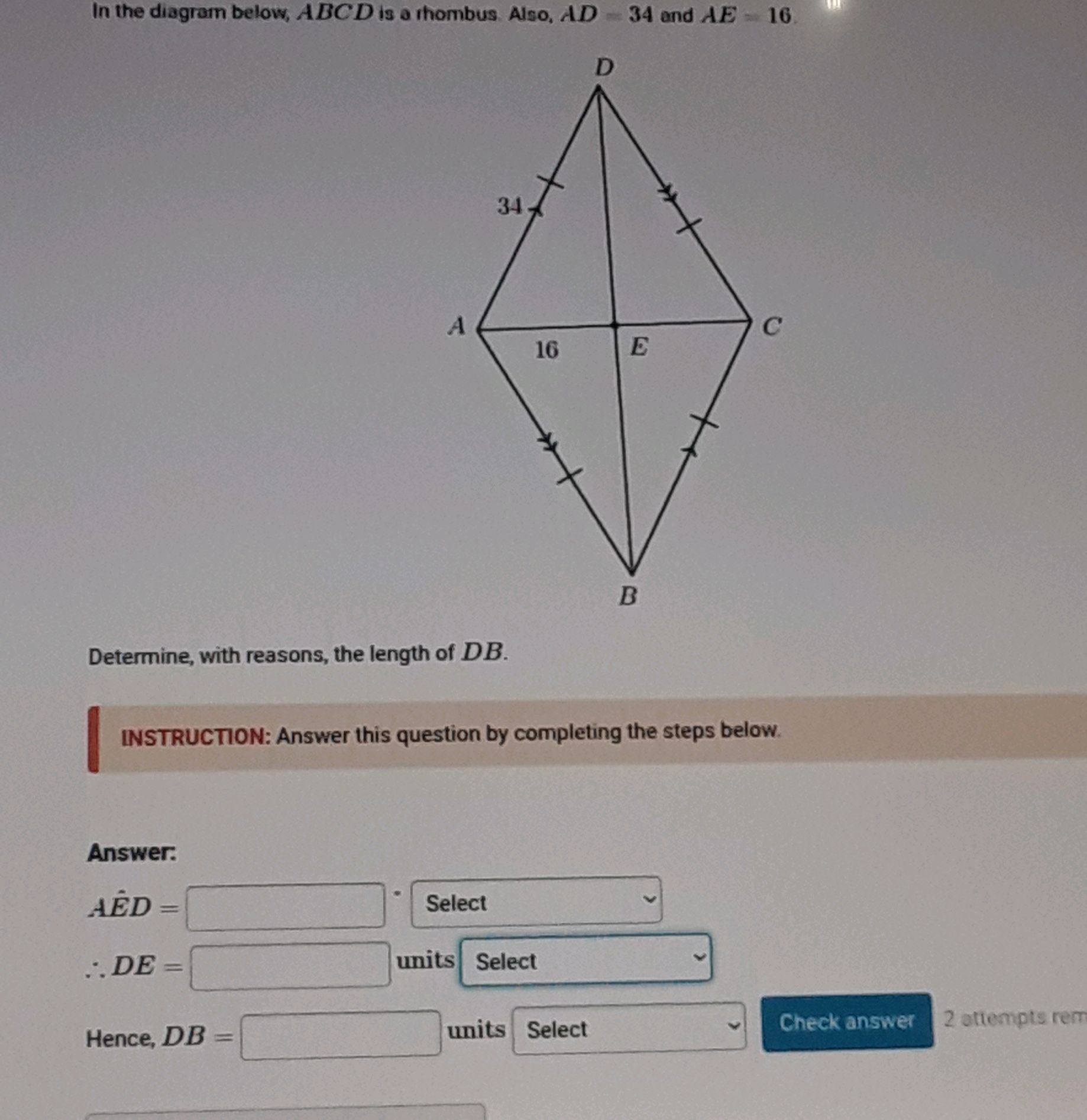 In the diagram below, $ABCD$ is a rhombus. | StudyX