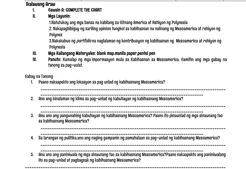 Gawain A: COMPLETE THE CHART Mga Layunin: | StudyX