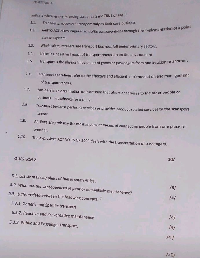 QUESTION 1. Indicate whether the following | StudyX