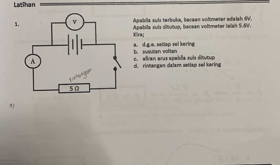 Apabila suis terbuka, bacaan voltmeter | StudyX