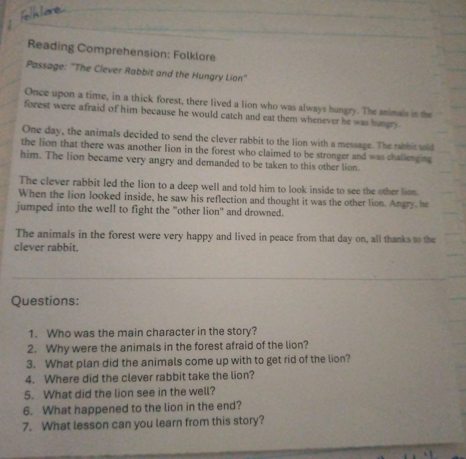 Reading Comprehension: Folklore Passage: