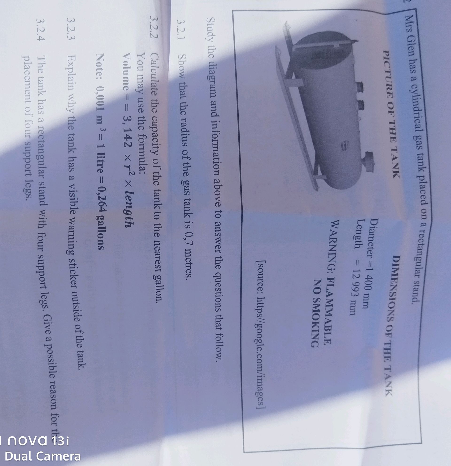 Mrs Glen has a cylindrical gas tank placed | StudyX