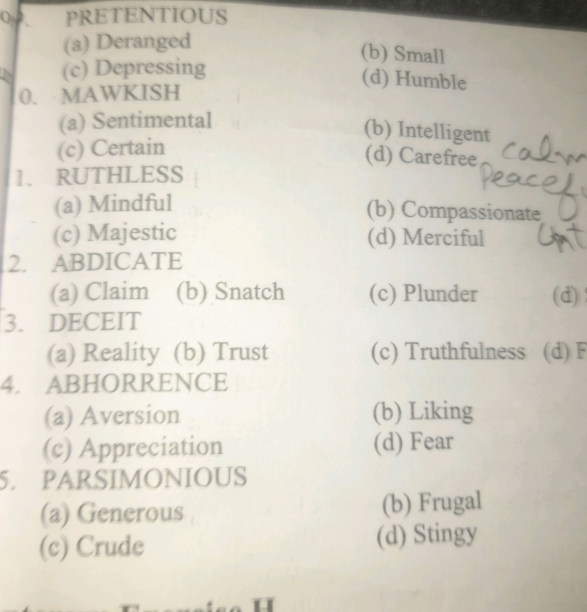 0. PRETENTIOUS (a) Deranged (c) Depressing | StudyX