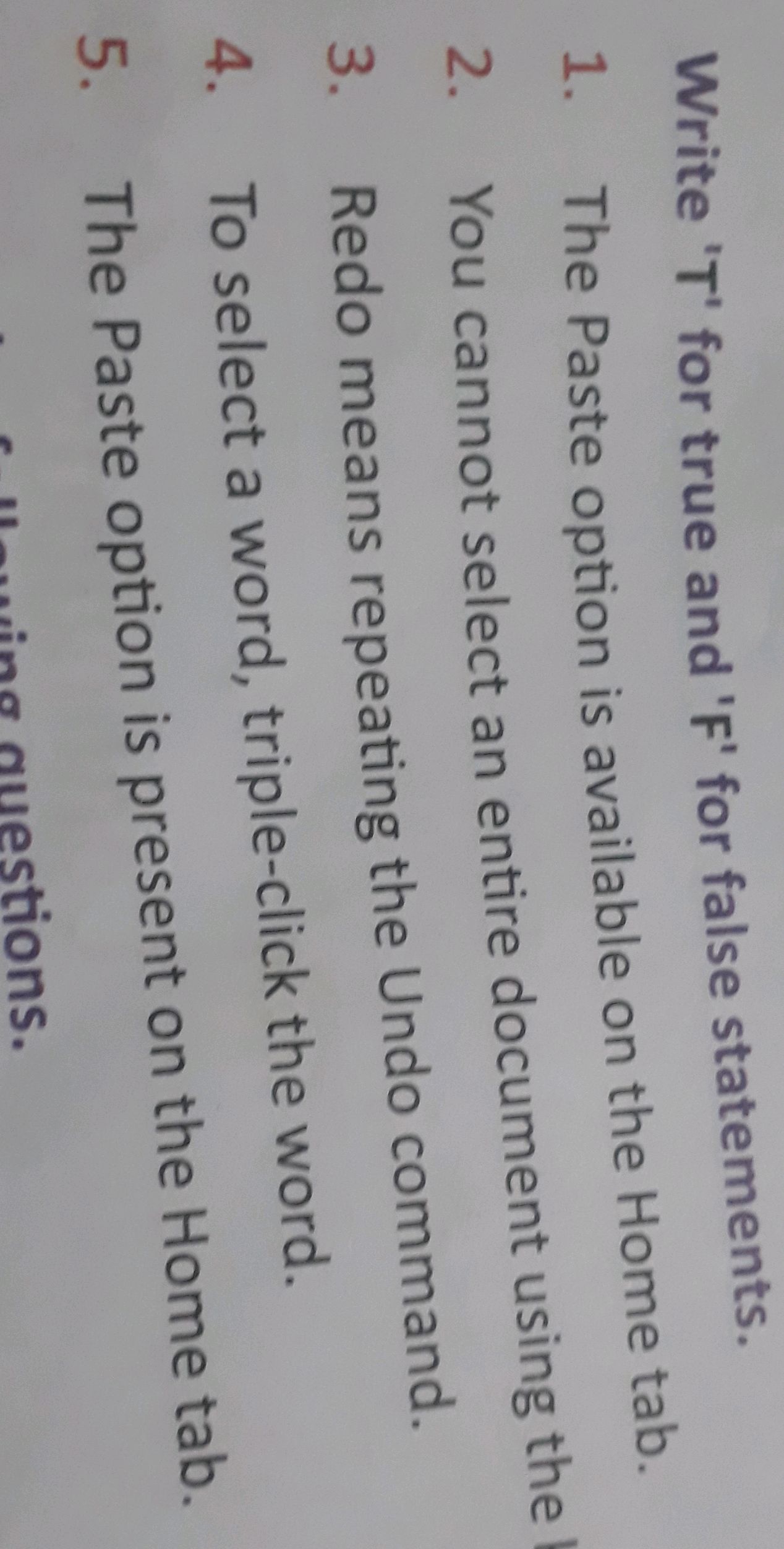 Write 'T' for true and 'F' for false | StudyX