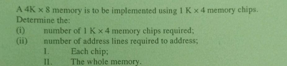 A 4K × 8 memory is to be implemented using 1