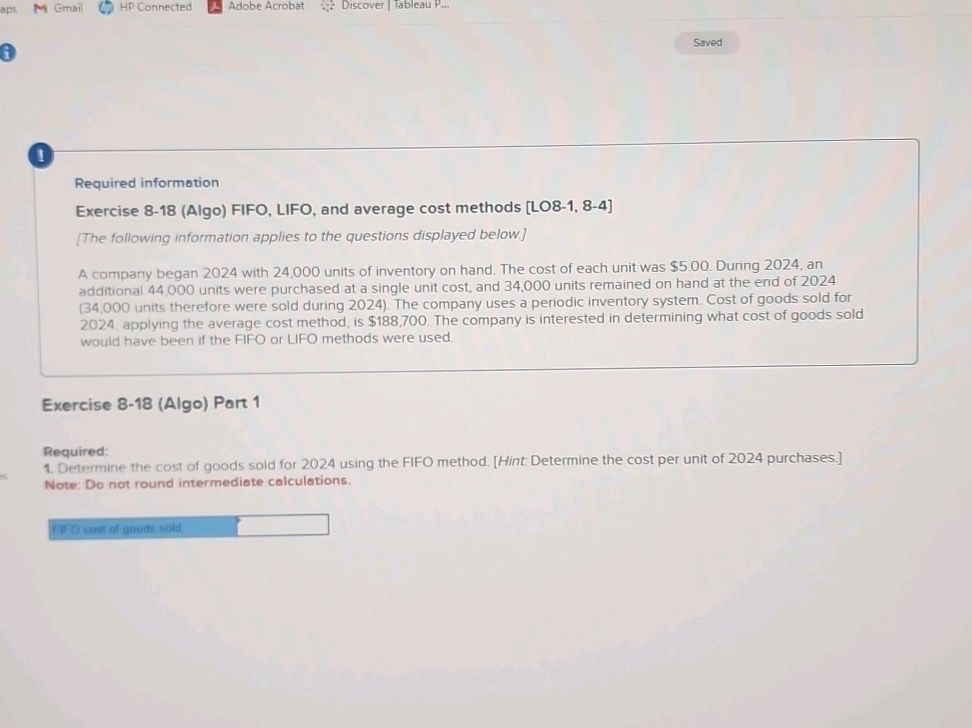 Exercise 8-18 (Algo) FIFO, LIFO, and average | StudyX
