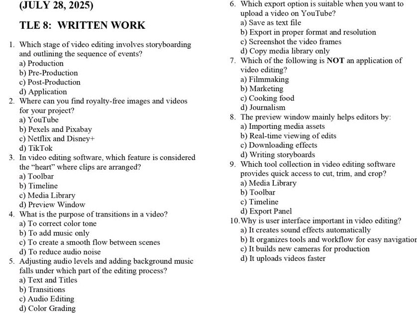 1. Which stage of video editing involves | StudyX