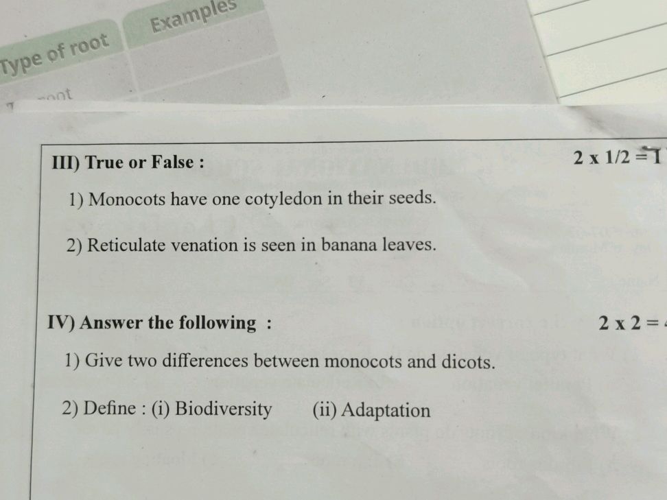 III) True or False : 1) Monocots have one | StudyX