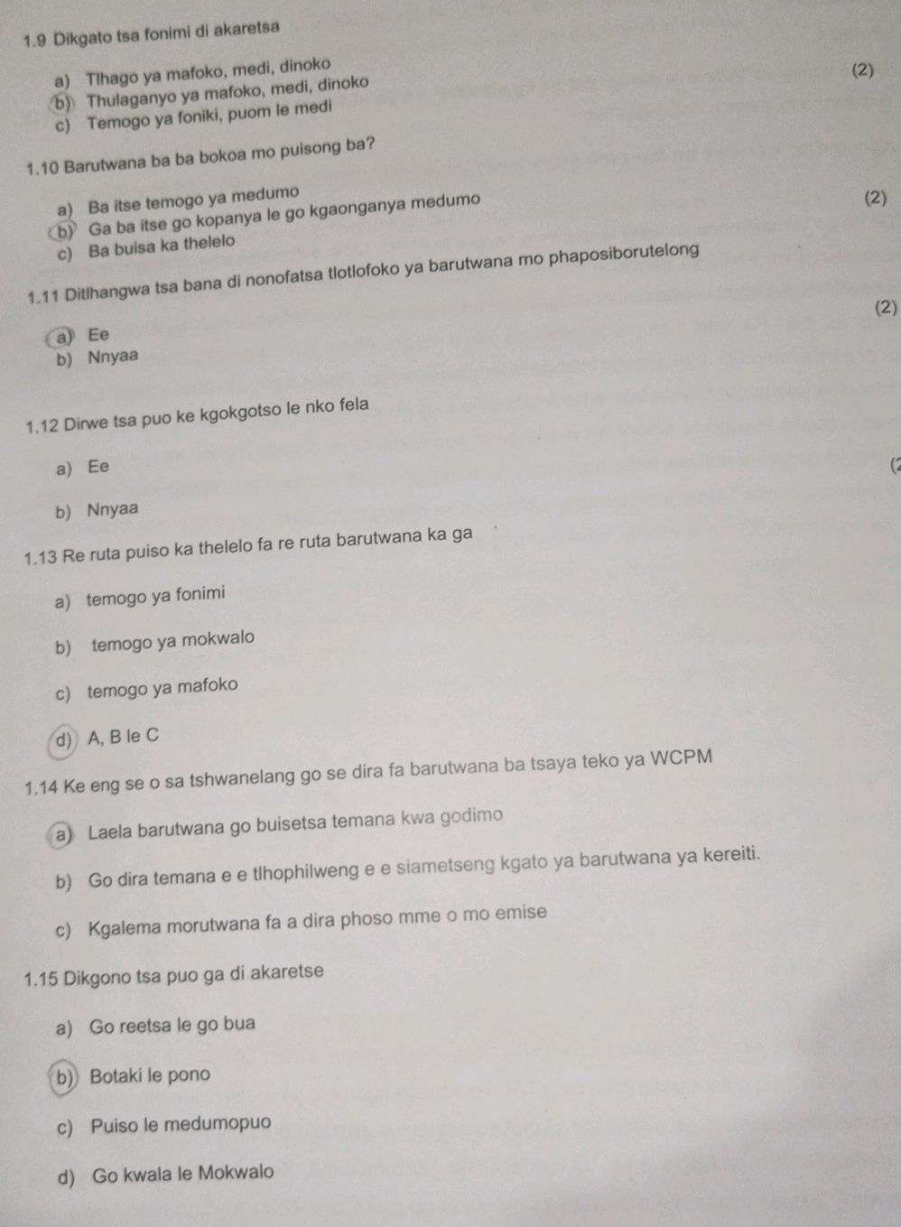 1.9 Dikgato tsa fonimi di akaretsa a) | StudyX